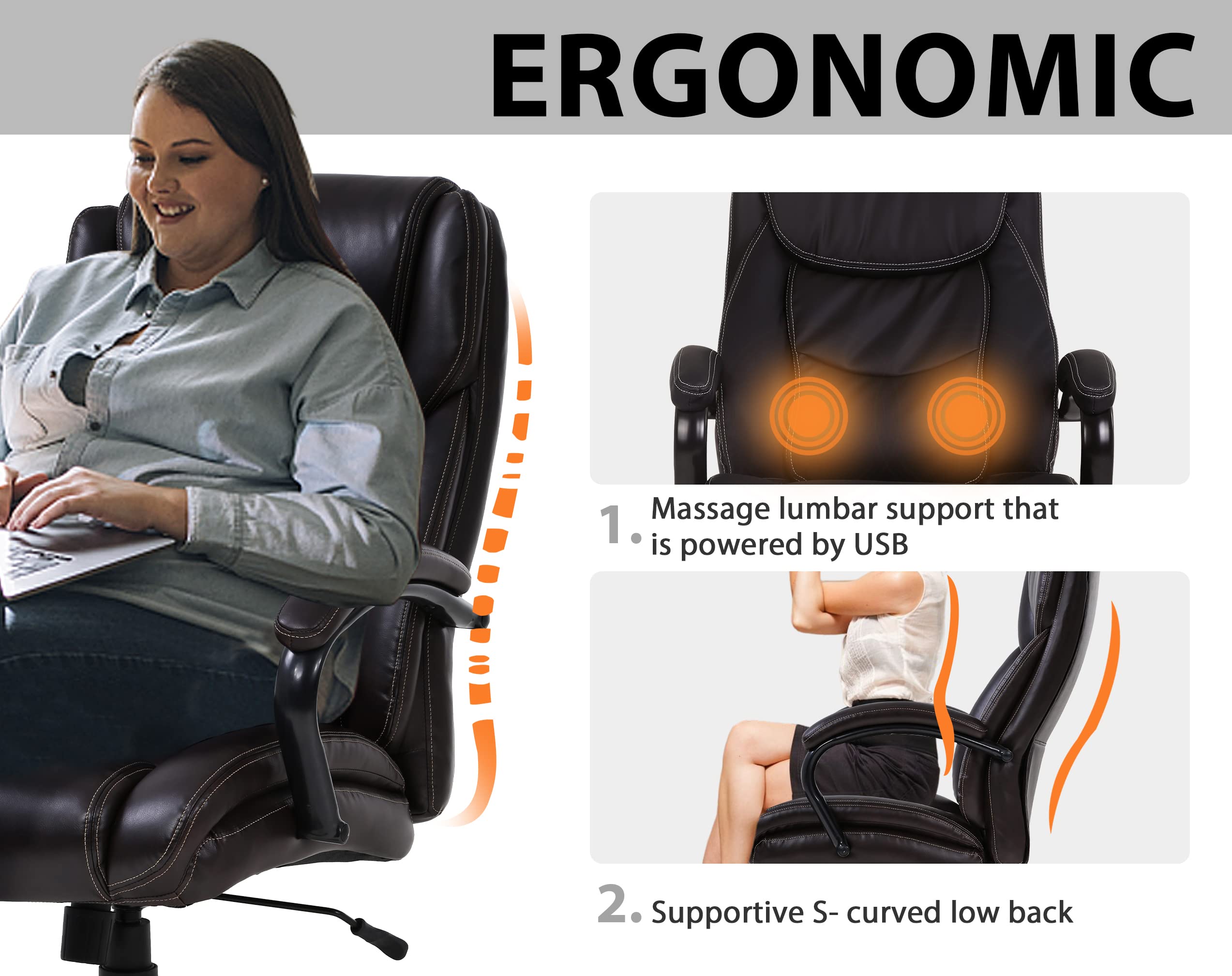 Big and Tall Office Chair-500lbs Executive Massage Office Chair, PU Leather Adjustable Height Computer Desk, Ergonomic Task Chair with Massaging Lumbar Support Home Office Desk Chairs, Brown