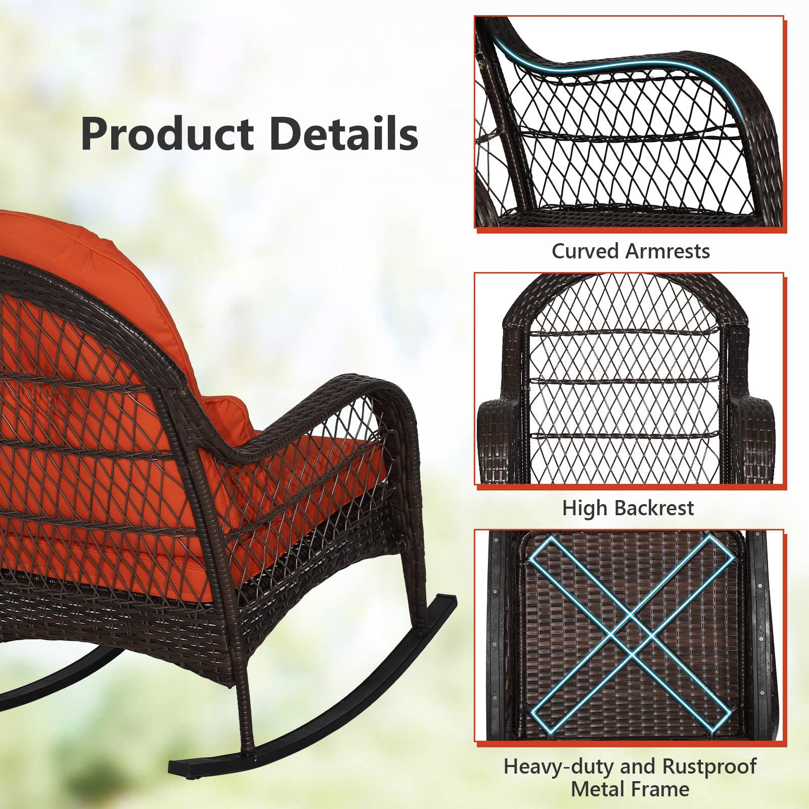 Tangkula Outdoor Wicker Rocking Chair, Patio Rattan Rocker with Seat Back Cushions & Waist Pillow, Sturdy Metal Frame, Mix Brown Outdoor Rocker for Balcony, Porch, Backyard (1, Orange)