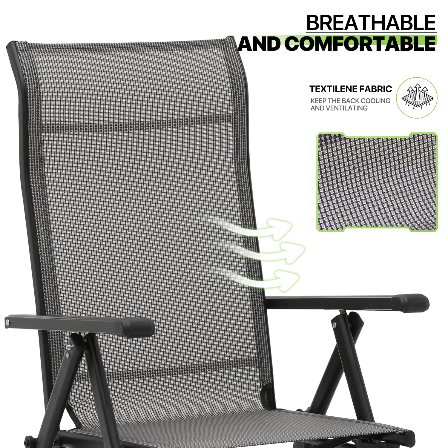 Magshion Outdoor Patio Folding Chairs Set of 2, Portable Dining Chairs with Armrests, Lounge Chairs with Footrests for Camping, Beach, Garden, Lawn, Pool, Backyard, Deck (Grey)