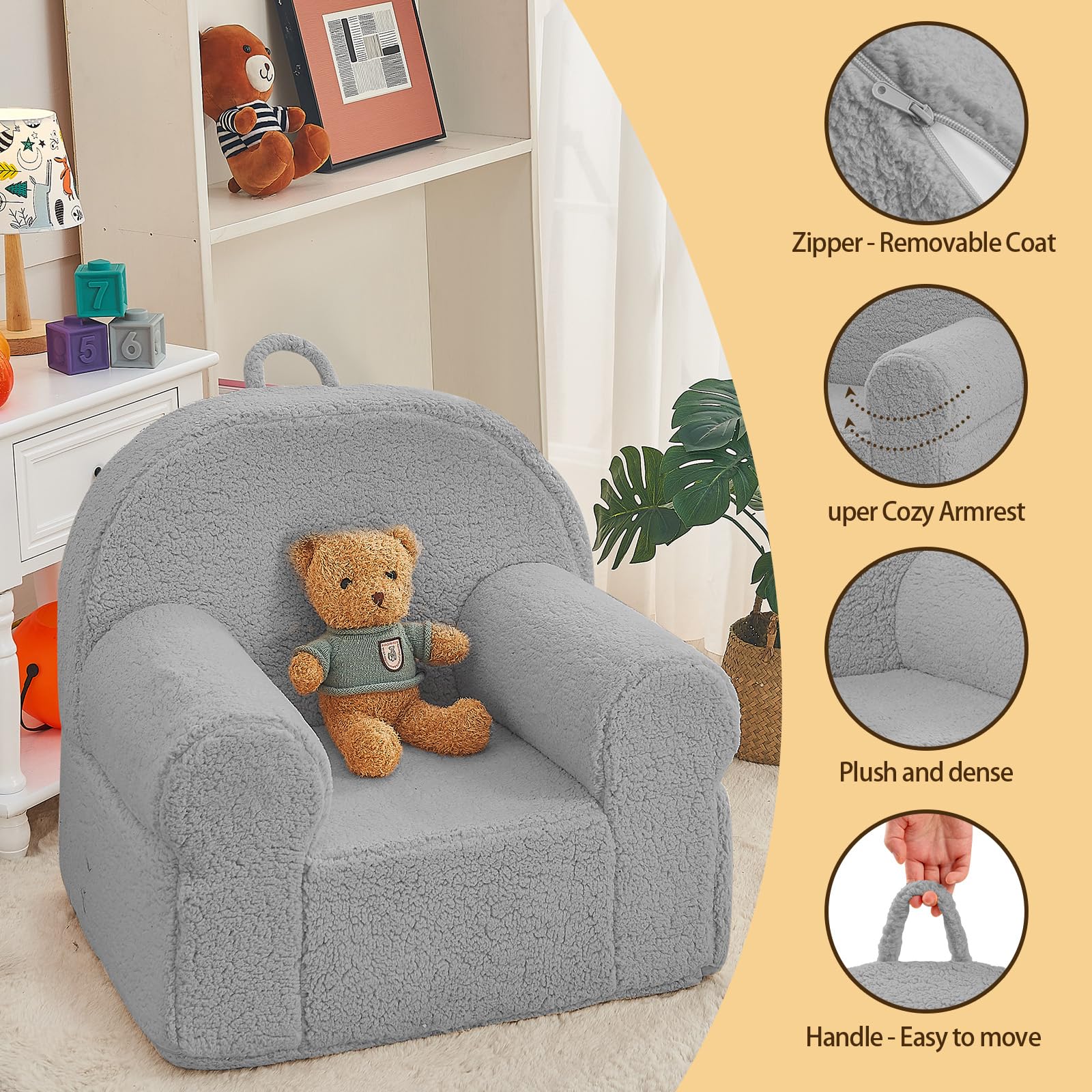 ILPEOD Toddler Chair Sherpa Couch Sherpa Kids Chair, Cuddly Comfy Toddler Plush Chair Toddler Couch Reading Chair for Kids Fuzzy Baby Chair Grey