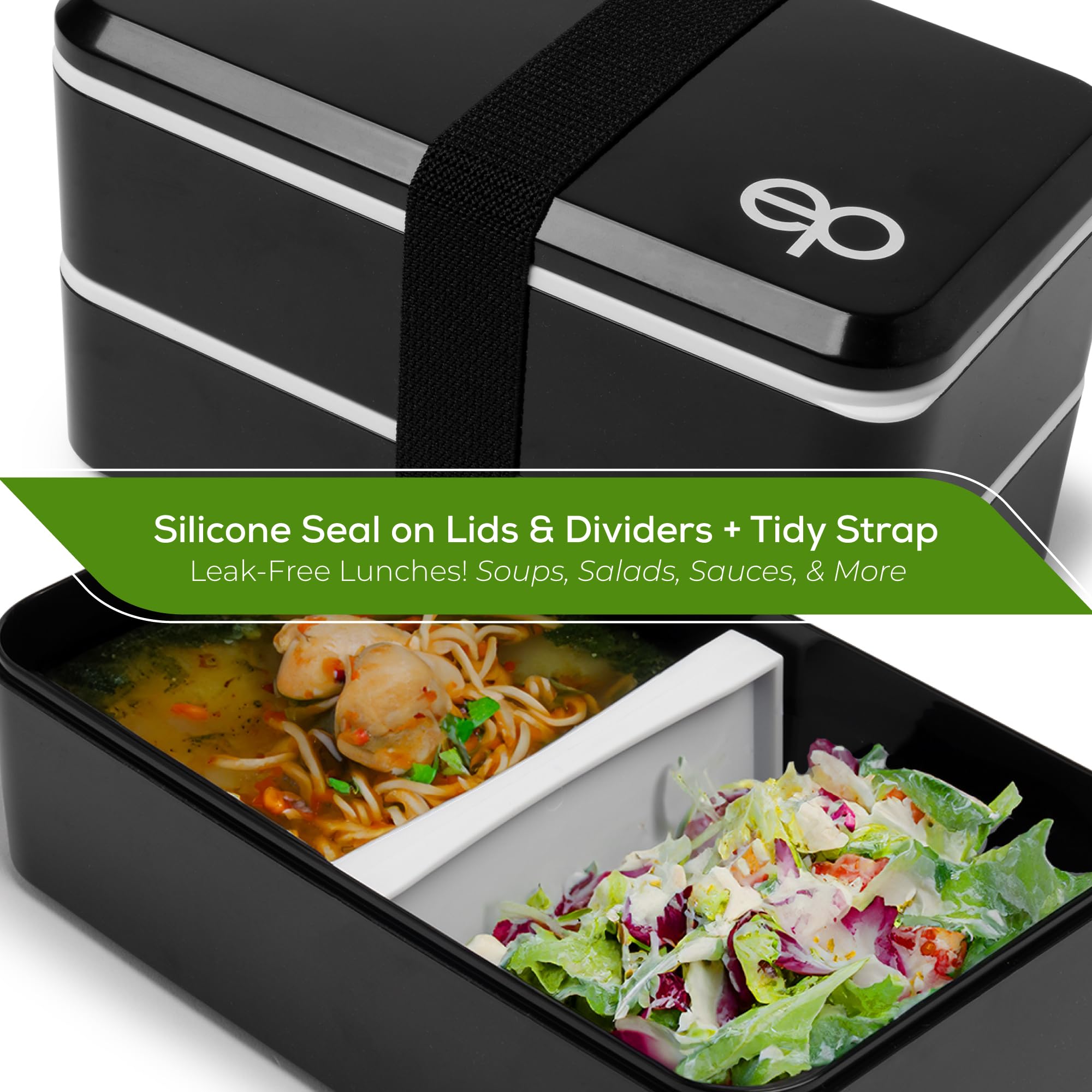 Stackable Bento Lunch Box for Adults with Utensils - Leakproof Bento Box Adult Lunch Box Containers w/ Compartments & Dividers, BPA-Free, Microwave/Dishwasher Safe, 5" x 7" x 4.5", Black w/ Strap