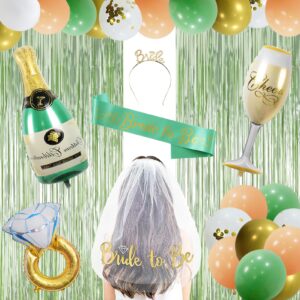 vlipoeasn 33pcs bachelorette party decorations - green bride to be party decoration kit, bride to be sash, crown, veil, foil curtains, champagne bottle goblet balloons, bridal shower party supplies