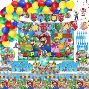 mario birthday party supplies, mario bros party decorations include banner, hanging swirls, backdrop, tableware, cake toppers, bottle labels, chocolate stickers