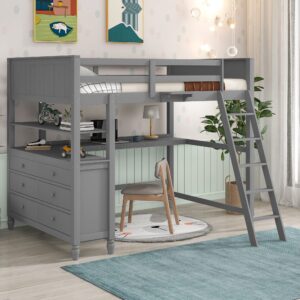 bellemave full size loft bed with desk & storage drawers wood loft bed frame with ladder for kids adults boys girls teens, gray