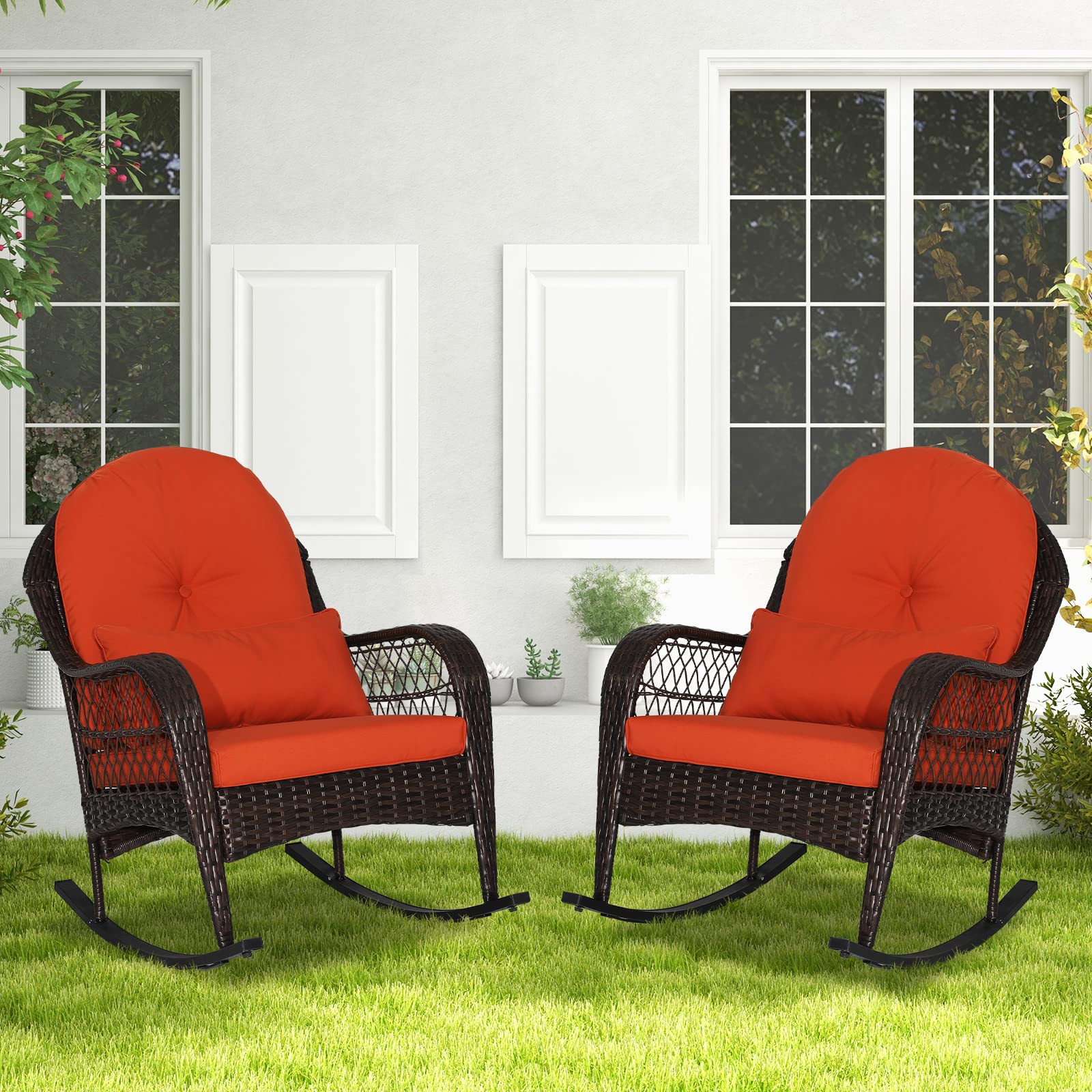 Tangkula Outdoor Wicker Rocking Chair, Patio Rattan Rocker with Seat Back Cushions & Waist Pillow, Sturdy Metal Frame, Mix Brown Outdoor Rocker for Balcony, Porch, Backyard (1, Orange)