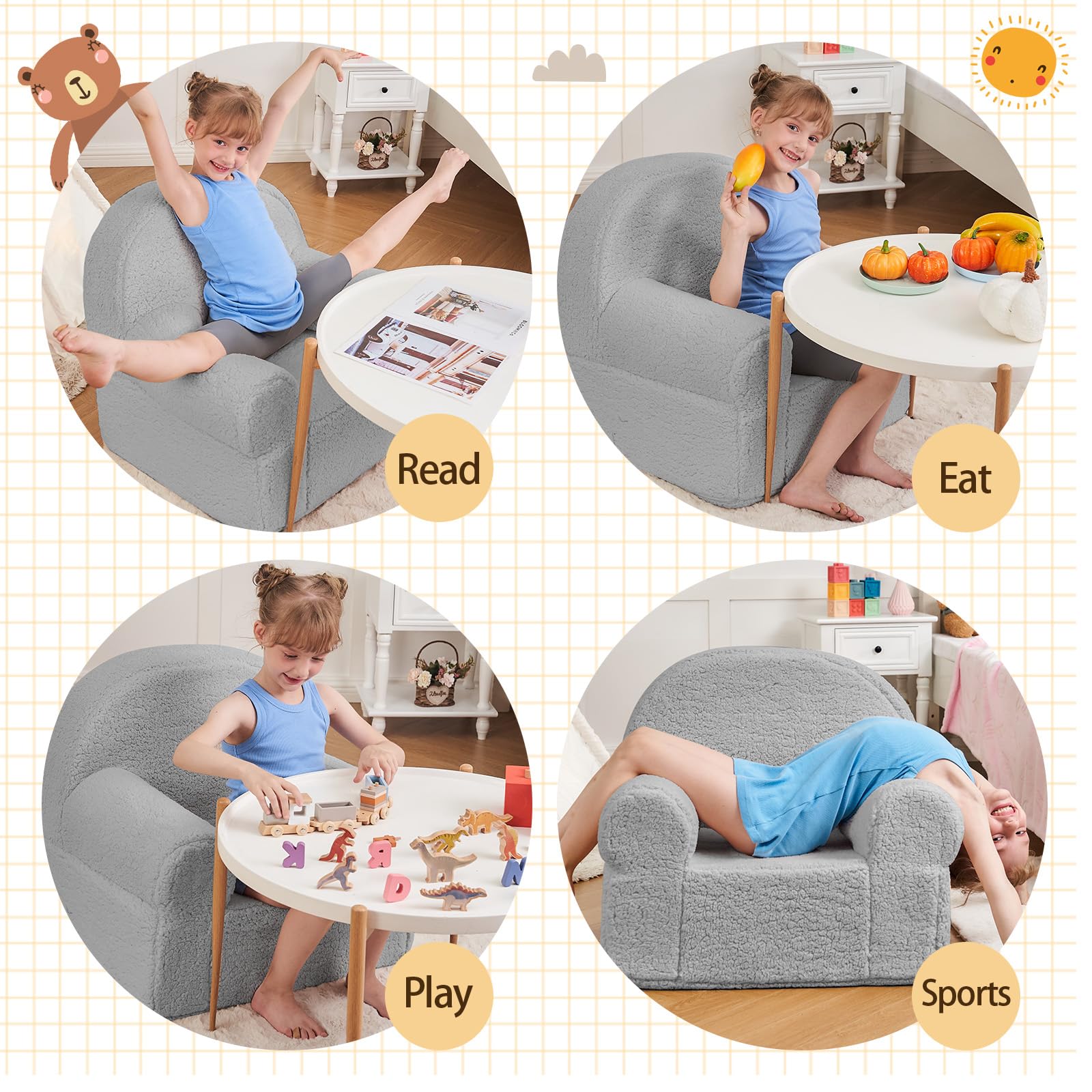 ILPEOD Toddler Chair Sherpa Couch Sherpa Kids Chair, Cuddly Comfy Toddler Plush Chair Toddler Couch Reading Chair for Kids Fuzzy Baby Chair Grey