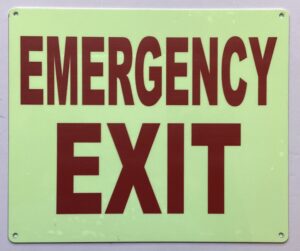 photoluminescent emergency exit sign/glow in the dark emergency exit sound sign (aluminium, 12x10 inch,heavy duty, rust free)