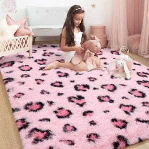 homore leopard print rugs, 4x6 feet pink leopard rug for girls bedroom, soft cheetah print rugs for living room western decor, modern indoor fluffy area rug for kids nursery dorm decor