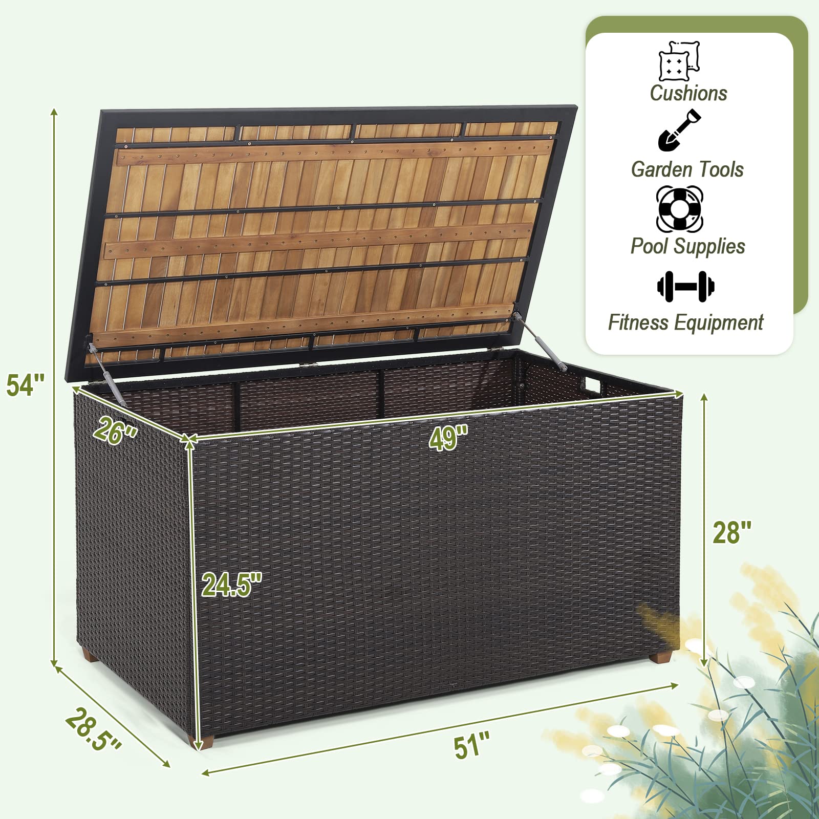 Tangkula 134 Gallon Outdoor Storage Box, Wicker Patio Deck Box with Solid Acacia Wood and Waterproof Zippered Liner, Outdoor Storage Container for Cushions, and Garden Tools (Mix Brown)