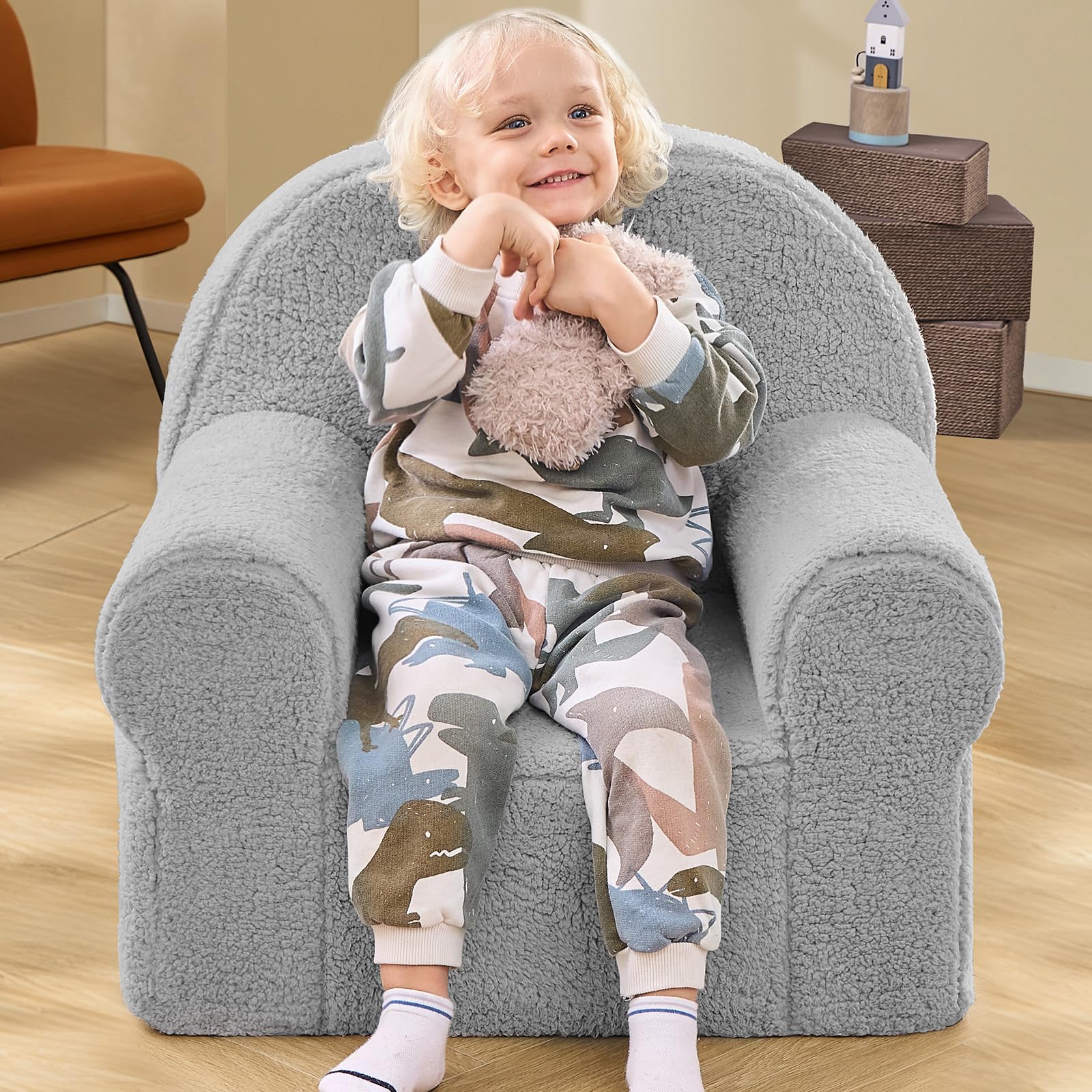 ILPEOD Toddler Chair Sherpa Couch Sherpa Kids Chair, Cuddly Comfy Toddler Plush Chair Toddler Couch Reading Chair for Kids Fuzzy Baby Chair Grey