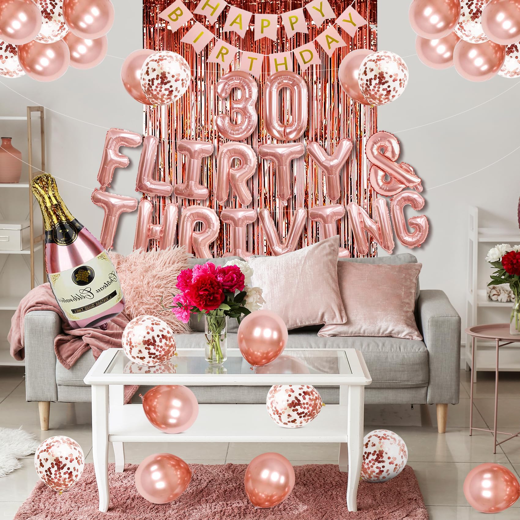 30 Flirty And Thriving Balloons Thirty Flirty And Thriving Decorations For Her 30 Balloons For Women Rose Gold Flirty Thirty Birthday Decorations Dirty Happy 30th Birthday Decorations Banners