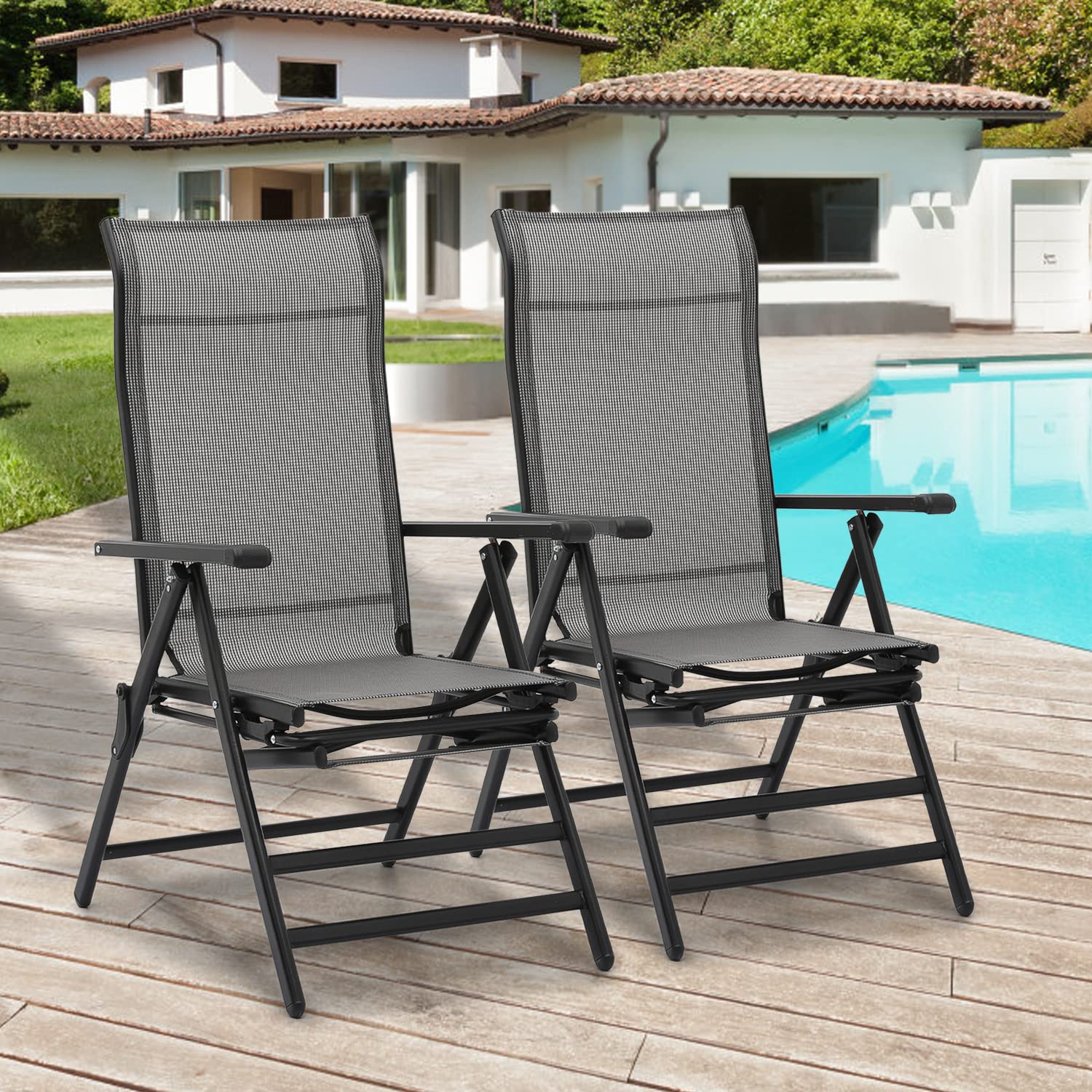 Magshion Outdoor Patio Folding Chairs Set of 2, Portable Dining Chairs with Armrests, Lounge Chairs with Footrests for Camping, Beach, Garden, Lawn, Pool, Backyard, Deck (Grey)