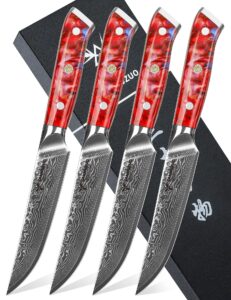 sanmuzuo steak knives set of 4, ultra sharp non serrated kitchen steak knife 5 inch - damascus steel & resin handle - xuan series (sunset red)