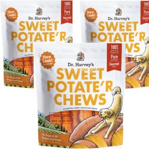 dr. harvey's sweet potato chews for dogs, dog treats for small, medium, large dogs, natural dog snacks for training, healthy teeth, preventing bad breath, and aggressive chewers, usa grown (3 pack)