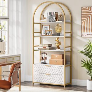 tribesigns 4-tier bookshelf with 2 drawers, 74.80”h tall bookcase 4 display shelf small place, free standing multipurpose storage rack etagere book shelves tower, home office, white, gold