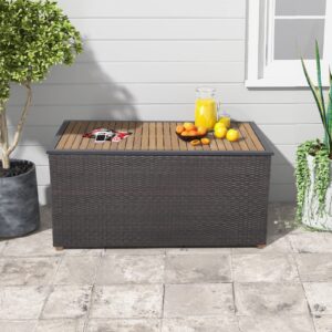 Tangkula 134 Gallon Outdoor Storage Box, Wicker Patio Deck Box with Solid Acacia Wood and Waterproof Zippered Liner, Outdoor Storage Container for Cushions, and Garden Tools (Mix Brown)