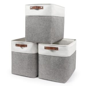 bagnizer large fabric storage baskets | 50l storage bins, decorative linen closet baskets with handles for organizing, shelf, toys, clothes, home, office, nursery, 17x12x15inches (grey&white)