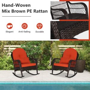 Tangkula Outdoor Wicker Rocking Chair, Patio Rattan Rocker with Seat Back Cushions & Waist Pillow, Sturdy Metal Frame, Mix Brown Outdoor Rocker for Balcony, Porch, Backyard (1, Orange)