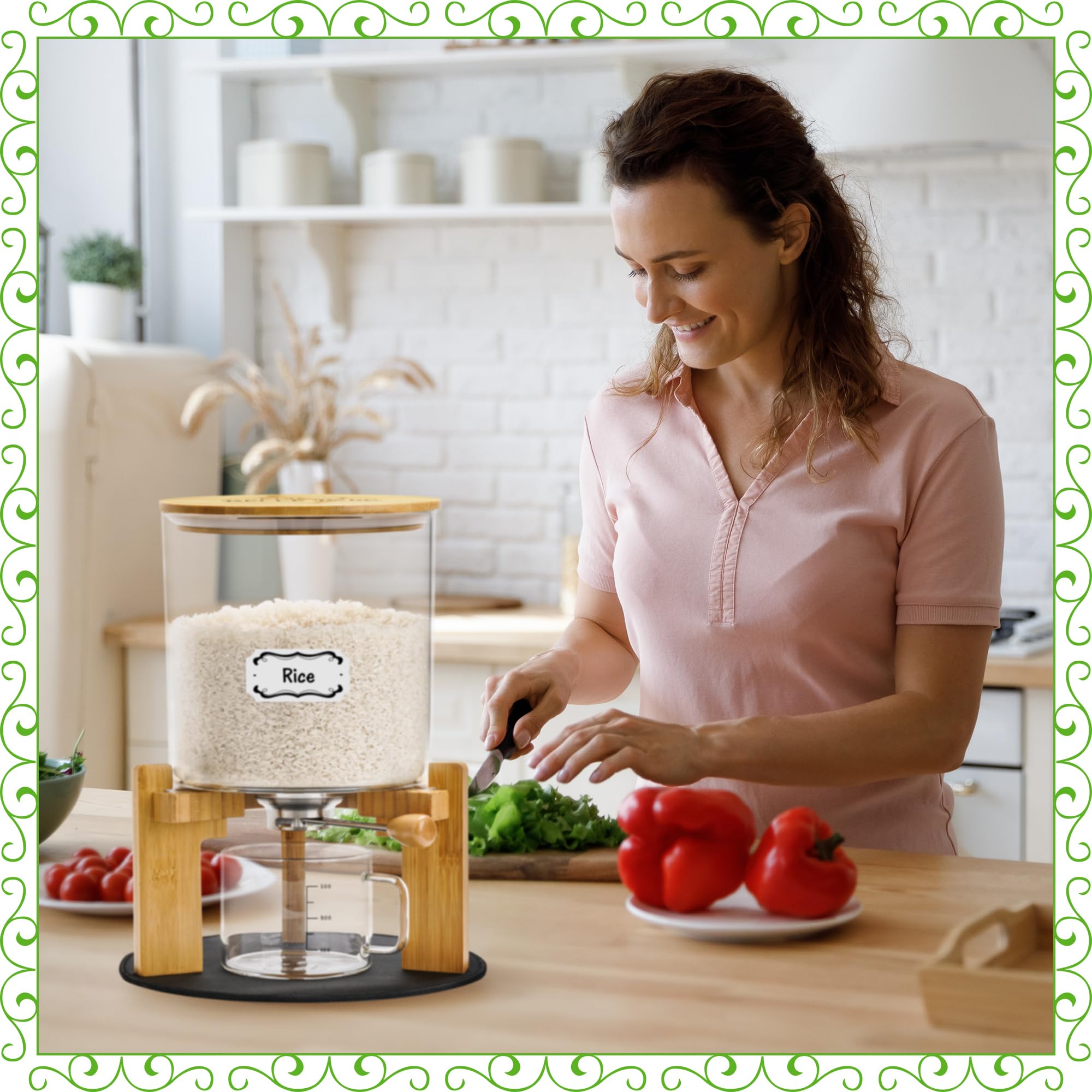 Belle Parc Glass Rice Dispenser 10 lbs, with Airtight Lid & Labels & Slider mat. Make your glass rice container Glass AND Bamboo rice container! Best 5L capacity grain dispenser and rice holder