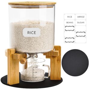 belle parc glass rice dispenser 10 lbs, with airtight lid & labels & slider mat. make your glass rice container glass and bamboo rice container! best 5l capacity grain dispenser and rice holder