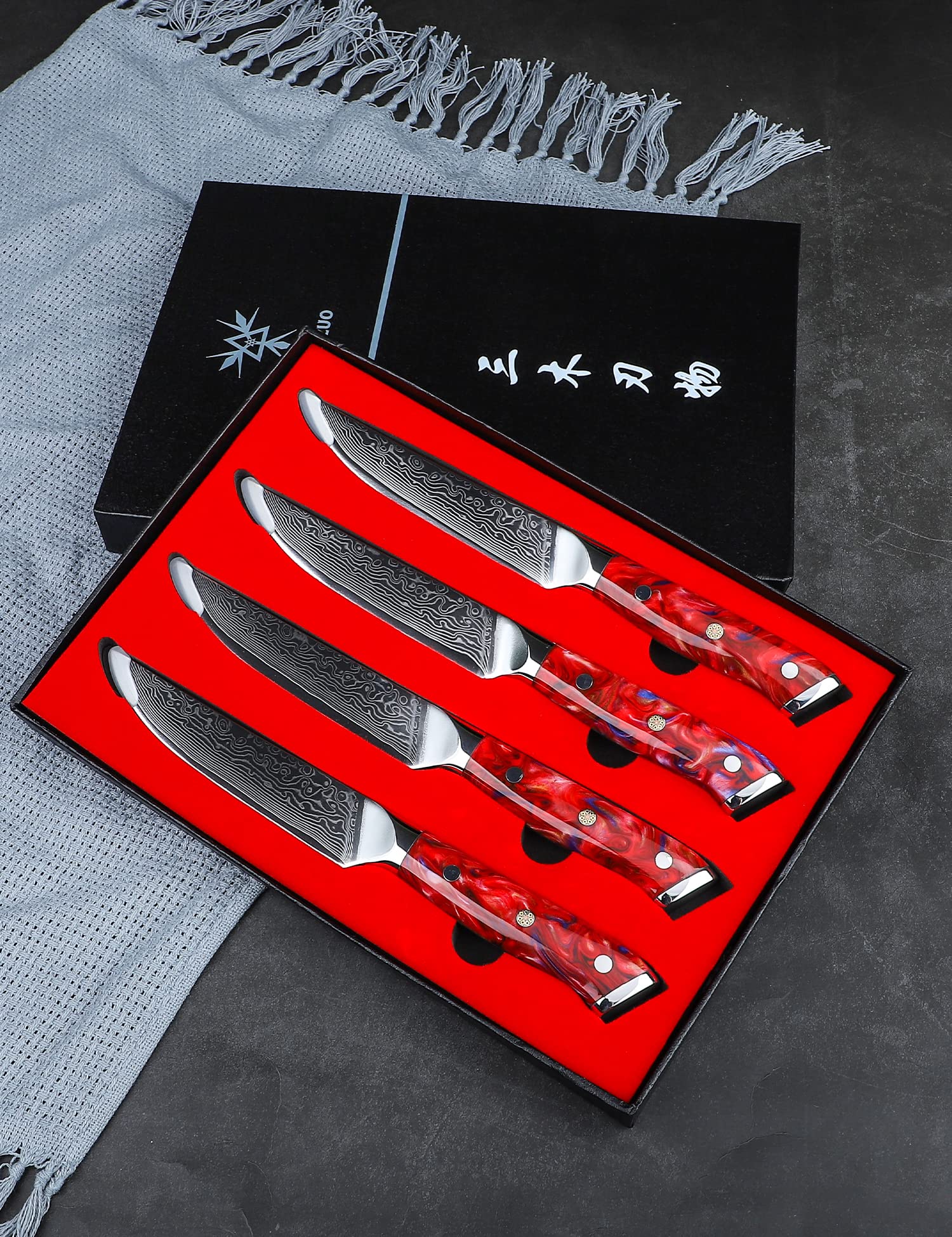 SANMUZUO Steak Knives Set of 4, Ultra Sharp Non Serrated Kitchen Steak Knife 5 Inch - Damascus Steel & Resin Handle - Xuan Series (Sunset Red)