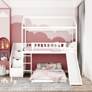 Twin Over Twin Bunk Bed with Slide, House Bunk Bed with Storage Stairs, Wooden Floor Bunk Bed with Roof and Security Guardrails, L Shaped House Bunk Bed for Kids Teens Boys Girls,White