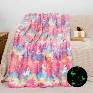 gosalisu glow in the dark blanket unicorns, 50 x60 inch luminous blanket for 3 4 5 6 7 8 9 10 year old girl boy gifts, flannel kids throw blanket for christmas birthday