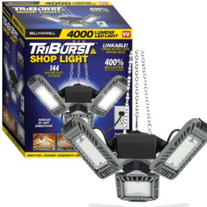 triburst led shop lights for workshop, 4000 lumens super bright garage lighting, led garage lights, led shop light, ceiling light with 3 light panels, linkable, plugs into outlet, easy to install