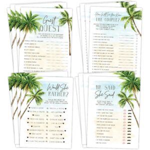 your main event prints palm tree beach, wedding bridal shower games guest quest, he said she said, would she rather, how well do you know(set of 4 fun activities for 25 guests)