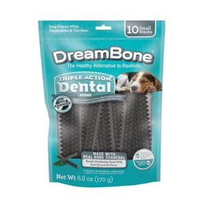 dreambone triple action dental sticks charcoal, 10 count, rawhide-free chews for small and medium sized dogs freshens breath