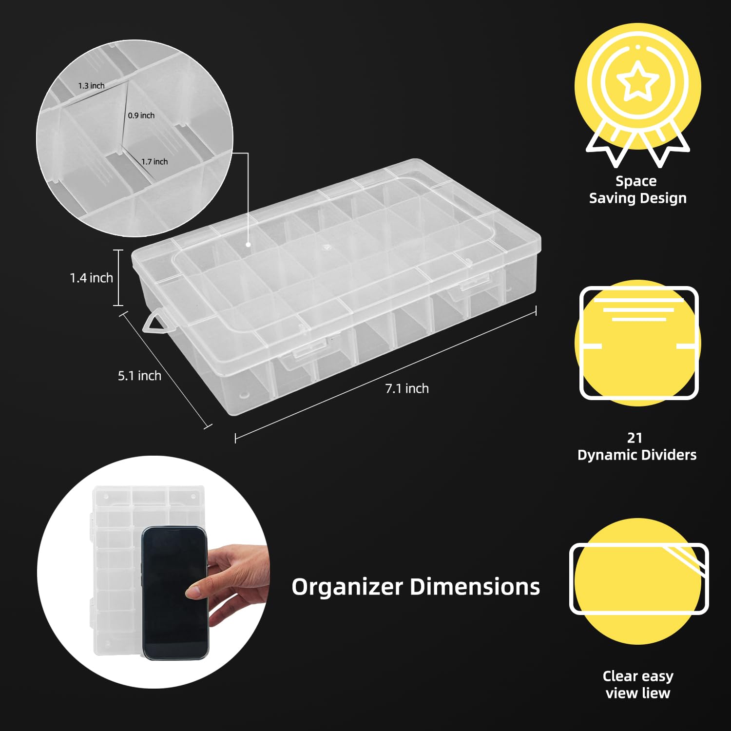 CAZCAL 3pack 24 Grids Clear Plastic Organizer Box with Adjustable Dividers for Beads Organizer Earrings Necklaces Art DIY Crafts Jewelry Fishing Tackles craft storage with 5 Sheet Label Stickers