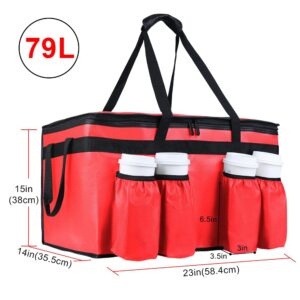 CIVJET Insulated Food Delivery Bag with 4 Cup Holder, XXX-Large Insulated Grocery Bags with Zippered Top, Cooler Bags with Drink Carrier, Food Carrier Catering Bag, Commercial Food Warmers, Red