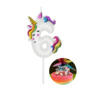 derventa birthday candle number white unicorn themed party decorations beautiful cake topper 1 piece (unicorn number 6)