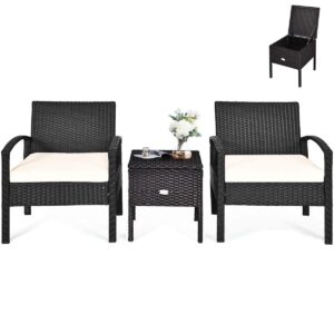 happygrill 3 pieces patio furniture set rattan wicker sofa set with removable cushions and coffee table, outdoor conversation bistro chairs set with storage table for garden poolside balcony