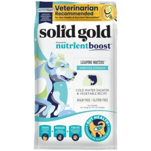 solid gold nutrientboost leaping waters - dry dog food for sensitive stomach - w/salmon & vegetables - digestive probiotics for gut health - superfood & antioxidant support for dogs - 22 lb bag