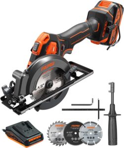 4-1/2 inch cordless circular saw, 20v mini circular saw cordless 5500 rpm & 2.0ah battery & fast charger, 3 blades (24 tct/80 hcs/60 diamond) for wood, soft metal and tile - mc8 pro