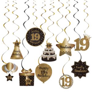 happy 19th birthday party hanging swirls streams ceiling decorations, celebration 19 foil hanging swirls with cutouts for 19 years old black and gold birthday party decorations supplies