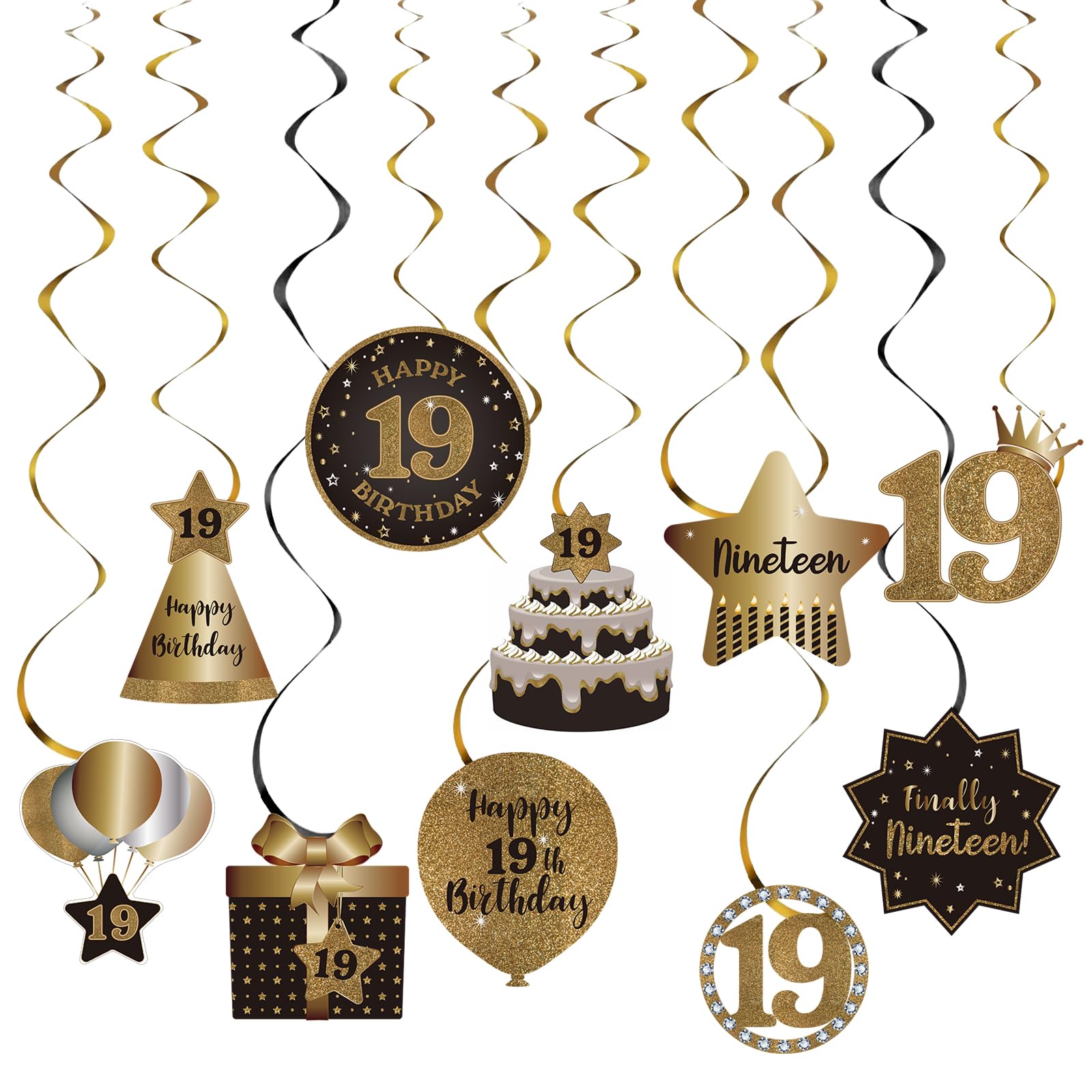 Happy 19th Birthday Party Hanging Swirls Streams Ceiling Decorations, Celebration 19 Foil Hanging Swirls with Cutouts for 19 Years Old Black and Gold Birthday Party Decorations Supplies