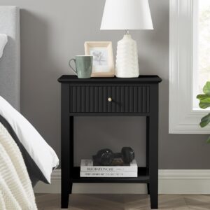 ocando fluted black nightstand, 1 drawer bedroom 19” night stand, small bed side end table with storage shelf for living room, sofa couch