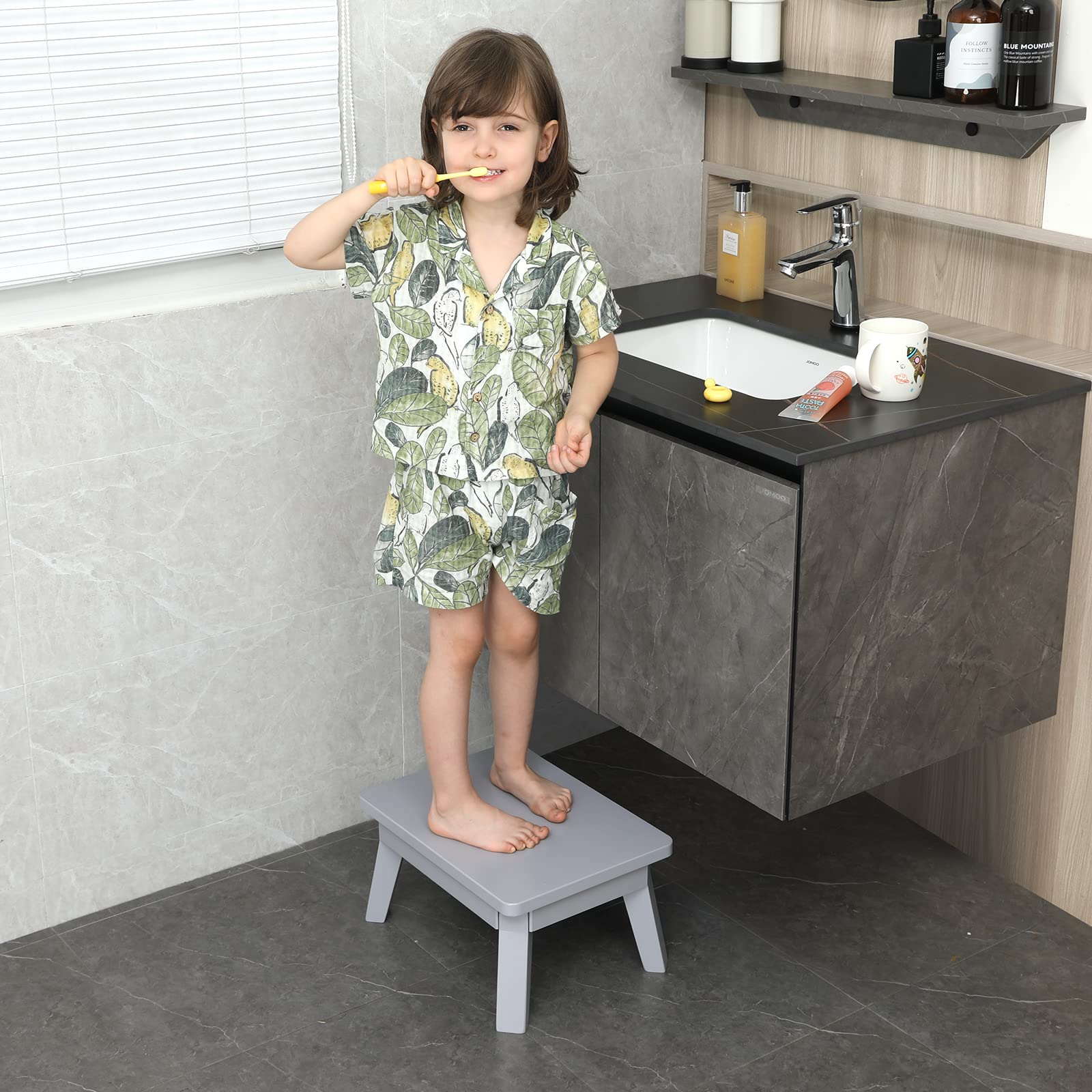 HOUCHICS Wooden Step Stool,One Step Stool for Adult Kids,Gray Wood Bedside Step Stool for Kitchen,Bathroom,Bedroom(Gray)