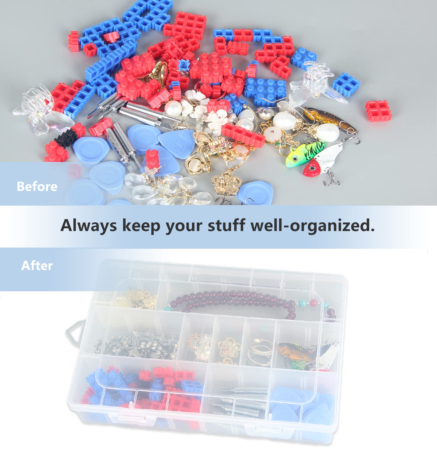 CAZCAL 3pack 24 Grids Clear Plastic Organizer Box with Adjustable Dividers for Beads Organizer Earrings Necklaces Art DIY Crafts Jewelry Fishing Tackles craft storage with 5 Sheet Label Stickers