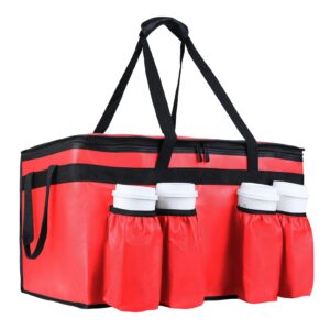 civjet insulated food delivery bag with 4 cup holder, xxx-large insulated grocery bags with zippered top, cooler bags with drink carrier, food carrier catering bag, commercial food warmers, red