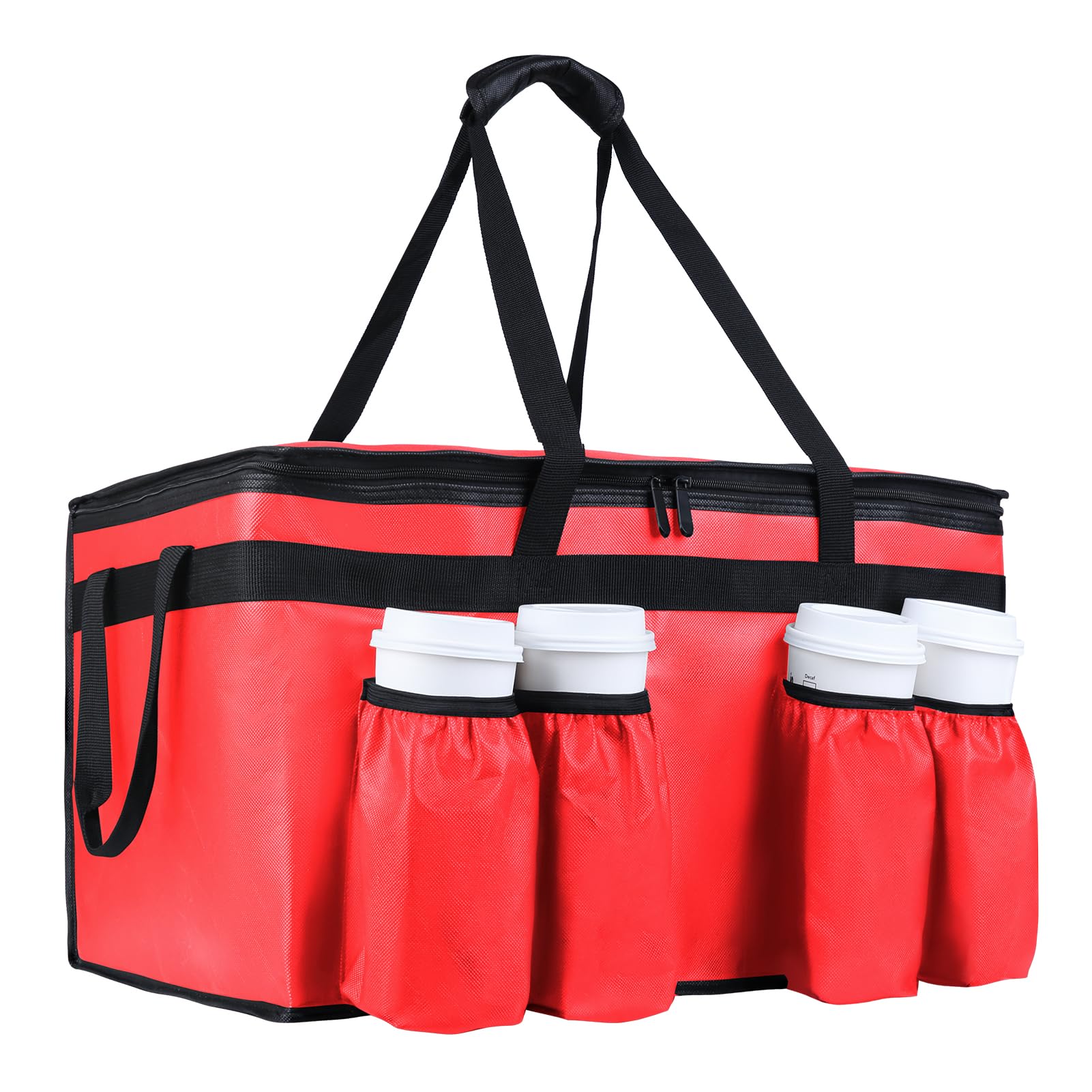 CIVJET Insulated Food Delivery Bag with 4 Cup Holder, XXX-Large Insulated Grocery Bags with Zippered Top, Cooler Bags with Drink Carrier, Food Carrier Catering Bag, Commercial Food Warmers, Red