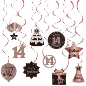 brt bearingshui happy 14th birthday party hanging swirls streams ceiling decorations, celebration 14 foil hanging swirls with cutouts for 14 years old rose gold birthday party decorations supplies