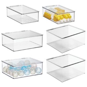 mdesign plastic stackable playroom/game organizer storage box with hinged lid for shelves, cubbies, holds toys, blocks, puzzles, controllers, or crayons, set of 6, clear