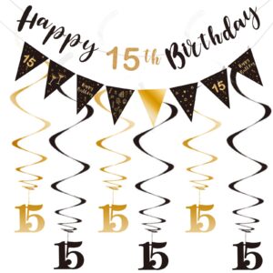 brt bearingshui 15th birthday decoration kit for boys girls, happy 15th birthday banner bunting swirls streamers, triangle flag banner for birthday party decorations supplies black and gold 15th