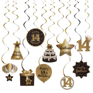 happy 14th birthday party hanging swirls streams ceiling decorations, celebration 14 foil hanging swirls with cutouts for 14 years old black and gold birthday party decorations supplies