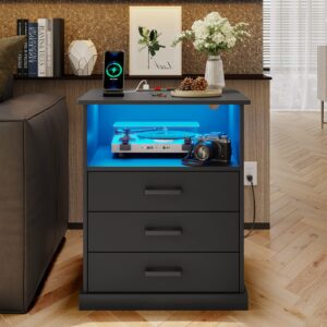 hasuit nightstand with charging station and led lights, large bedside table with 3 storage drawer, black night stand for bedroom, wider tabletop 19.0''(l) x 15.0''(w)