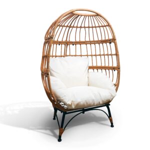 kids size wicker egg chair, indoor outdoor patio backyard deck lounger bubble seat, with cushion, room & home décor - chair measures 22” x 29” x 35” floor to top height - 45”, weight capacity 250 lbs.