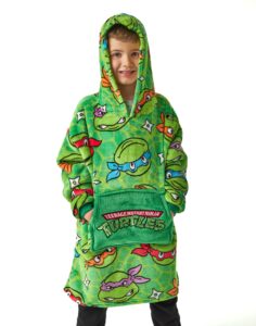 teenage mutant ninja turtles boys wearable hooded blanket | green all over print fleece hoodie | pullover cartoon loungewear